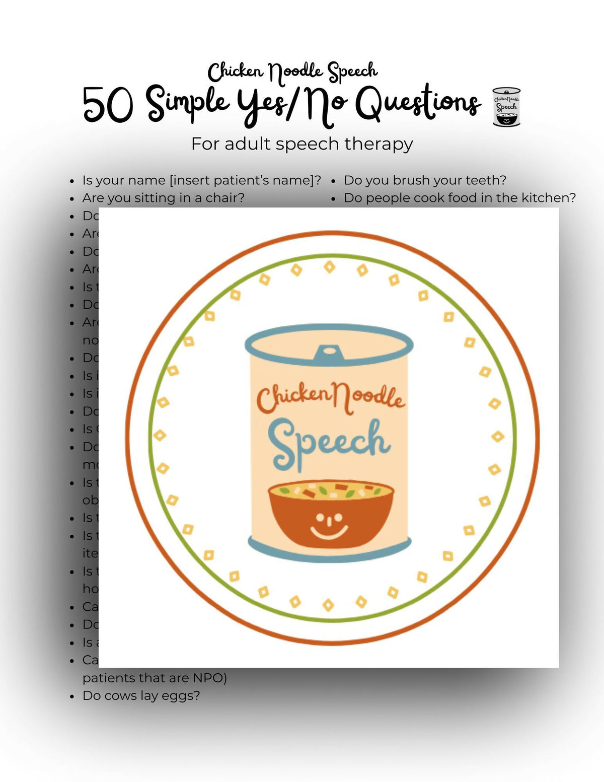 MedWheel Marketplace FREE: 50 Simple Yes No Questions for Speech Therapy